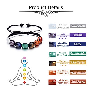 Jovivi 7 Chakra Reiki Healing Crystal Stretch Bracelet Natural Gemstone Energy Balancing Yoga Beads Bracelet Braided Rope for Women