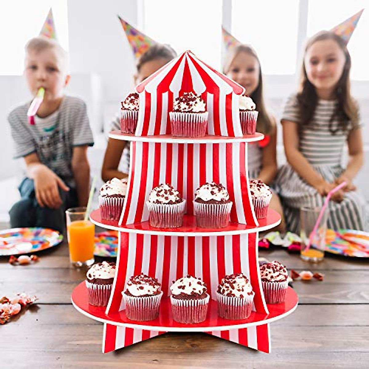 3 Tier Cupcake Foam Stand with Circus Carnival Tent Design for Desserts, Birthdays, Decorations