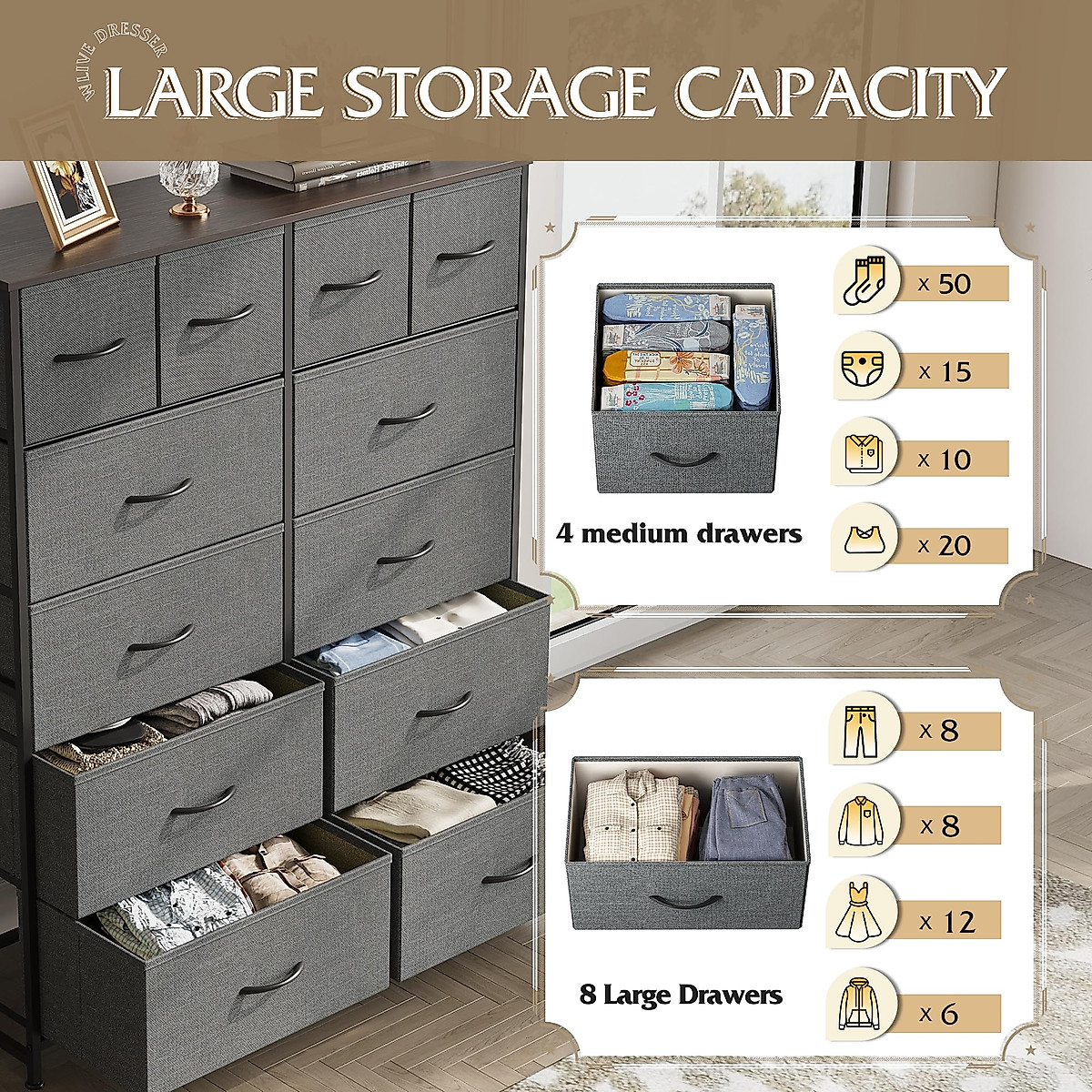 WLIVE Tall Dresser for Bedroom with 12 Drawers, Dressers & Chests of Drawers, Fabric Dresser for Bedroom, Closet, Fabric Storage Dresser with Storage Drawers, Steel Frame, Wood Top, Dark Grey