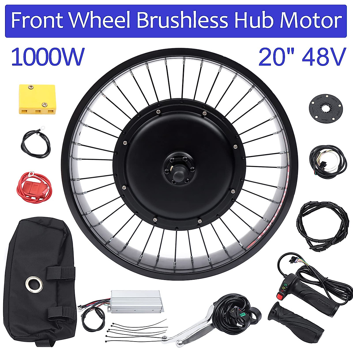 RIAHNEAH E-Bicycle Conversion Kit, 48V 1000W 20" Front Wheel Electric Bicycle Conversion Kit, Electric Bicycle Brushless Gearless Hub Motor Kit 48km/h High Speed Motor Wheel Kit