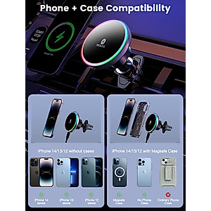 MOKPR for Magsafe Car Mount Charger-15W Wireless Car Charger-Magnetic Car Phone Holder for Dash Air Vent-LED RGB HandsFree Car Mount Fast Car Charger for iPhone 15/14/13/12 Series