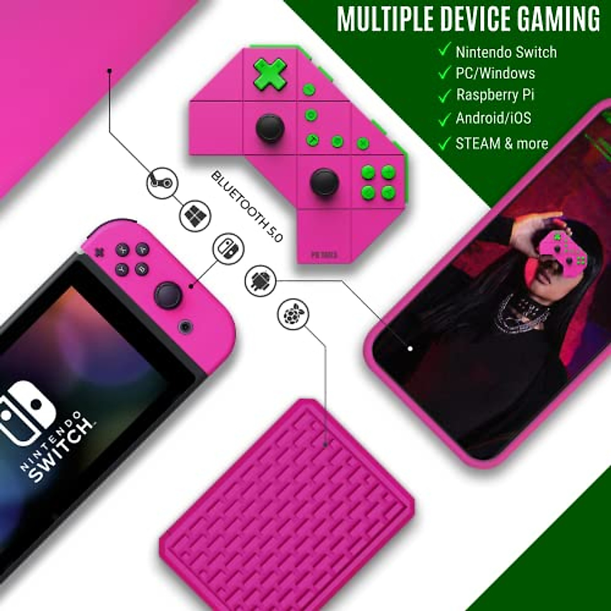 PB Tails CHOC Pink Switch Controller | Bluetooth Wireless Game Controller for Android, PC, STEAM, Raspberry Pi, Windows | Cute Switch Controller | Ideal Gaming Collectibles & Gaming Gift | Neon Pink