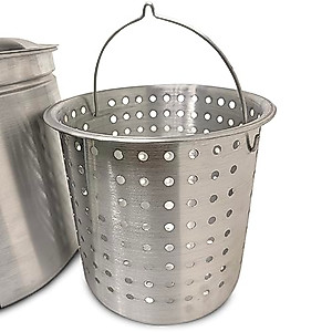 Bayou Classic 4060 60-qt Aluminum Stockpot w/Basket Features Domed Vented Lid Heavy Riveted Handles Perforated Aluminum Basket Perfect For Boiling Steaming and Canning