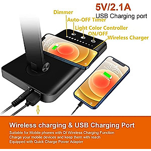Liquor fragrance LED Desk Lamp with Wireless Charger, Dimmable Office Desk Light with USB Charging Port, 5 Lighting Modes , Touch Control, Auto Timer 30 / 60min, Eye-Caring Table Lamps (Black)