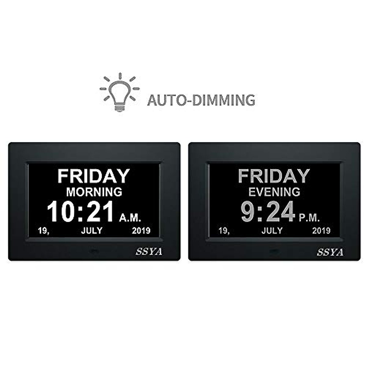 [Newest Version] 7 Inch Day Clock - 12 Alarm Options, Level 5 Auto Dimmable Display,Extra Large Impaired Vision Digital Clock with Non-Abbreviated Day & Month Alarm Clock (7 inch)
