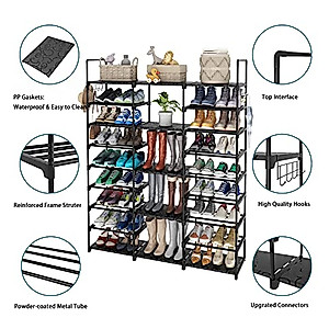 Caitlyn 9 Tiers Shoe Rack Storage Organizer Shoe Shelf Organizer for Entryway Holds 50-55 Pairs Shoe and Boots, Versatile Hooks Stackable Shoe Cabinet, Black