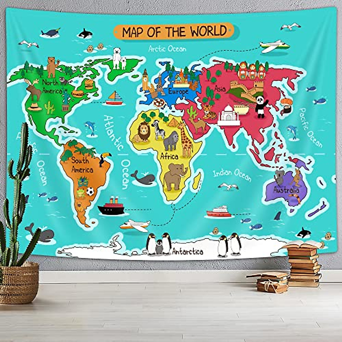 Cartoon World Map Tapestry Wanderlust, Cartoon Animal Mountains Forests World Map for Children and Kids Tapestry Wall Hanging, Wall Blankets Home Decor Beach Towel TV Background Panels 60X40 in