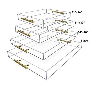 Isaac Jacobs Clear Acrylic Serving Tray (11x14) with Gold Metal Handles, Spill-Proof, Stackable Organizer, Food & Drinks Server, Indoors/Outdoors, Lucite Storage Décor (11x14, Clear with Gold Handle)