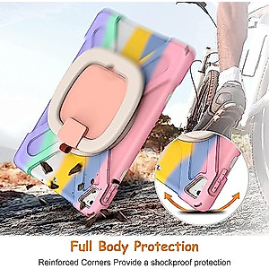 KENOBEE Case for iPad 9.7 6th/5th 2018/2017 / Air 2 / Pro 9.7, 360° Rotating Multi-Functional Handle-Kickstand Shockproof Cover Built-in Screen Protector & Shoulder Strap, Rainbow Pink