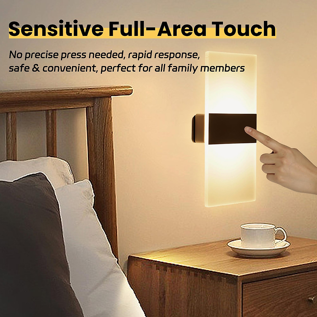 FelRelWel Rechargeable Wall Sconces,2 PCS Modern Acrylic Bedside LED Wall Lamps for Living Room Bedroom Hallway,USB Rechargeable Battery Operated Cordless Night Light,Touch Control,Warm Light Dimmable