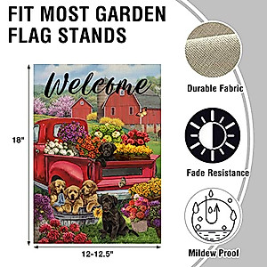 Artofy Welcome Spring Summer Red Truck Home Decorative Garden Flag, House Yard Dog Flower Pickup Outside Decor, Puppy Farmhouse Outdoor Small Burlap Decorations 12x18