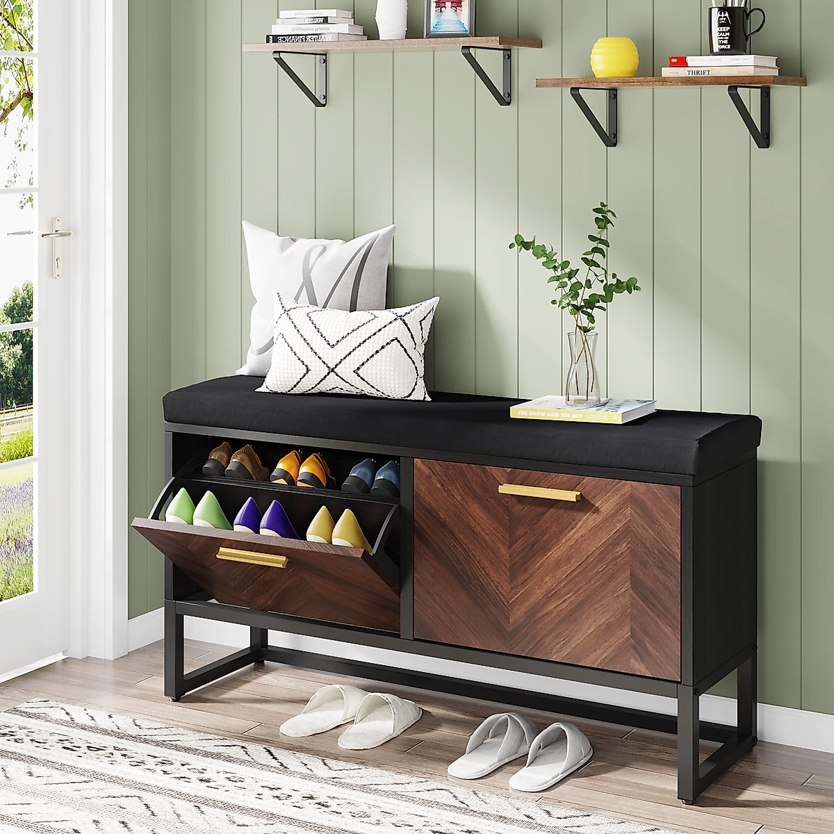 Tribesigns Storage Bench With Seat Cushion, Entryway Shoe Bench With 2 Flip Drawers, Hallway Cabinet, Hidden Organizer for Living Room, Bedroom, Mudroom, Black