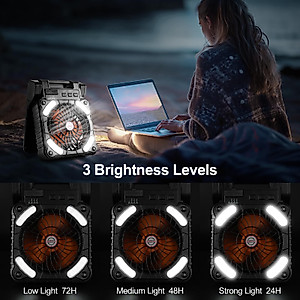 Odoland Protable Solar Camping Fan, 10400mAh Rechargeable Battery Operated Folding Fan with LED Light, 4 Speeds Powerful Wind, 3 Timer for Picnic Tent Fishing Beach Car Home Power Outage