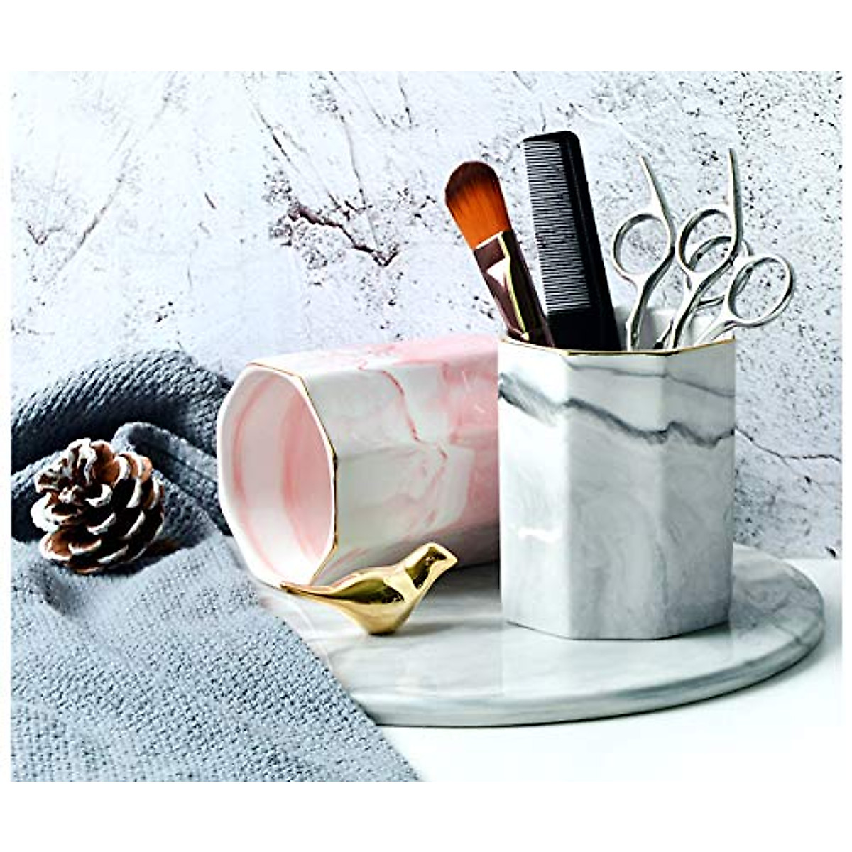 WAVEYU Pen Holder, Stand for Desk Marble Pattern Pencil Cup for Girls Kids Durable Ceramic Desk Organizer Makeup Brush Holder for Office, Classroom, Home, Gray Marble