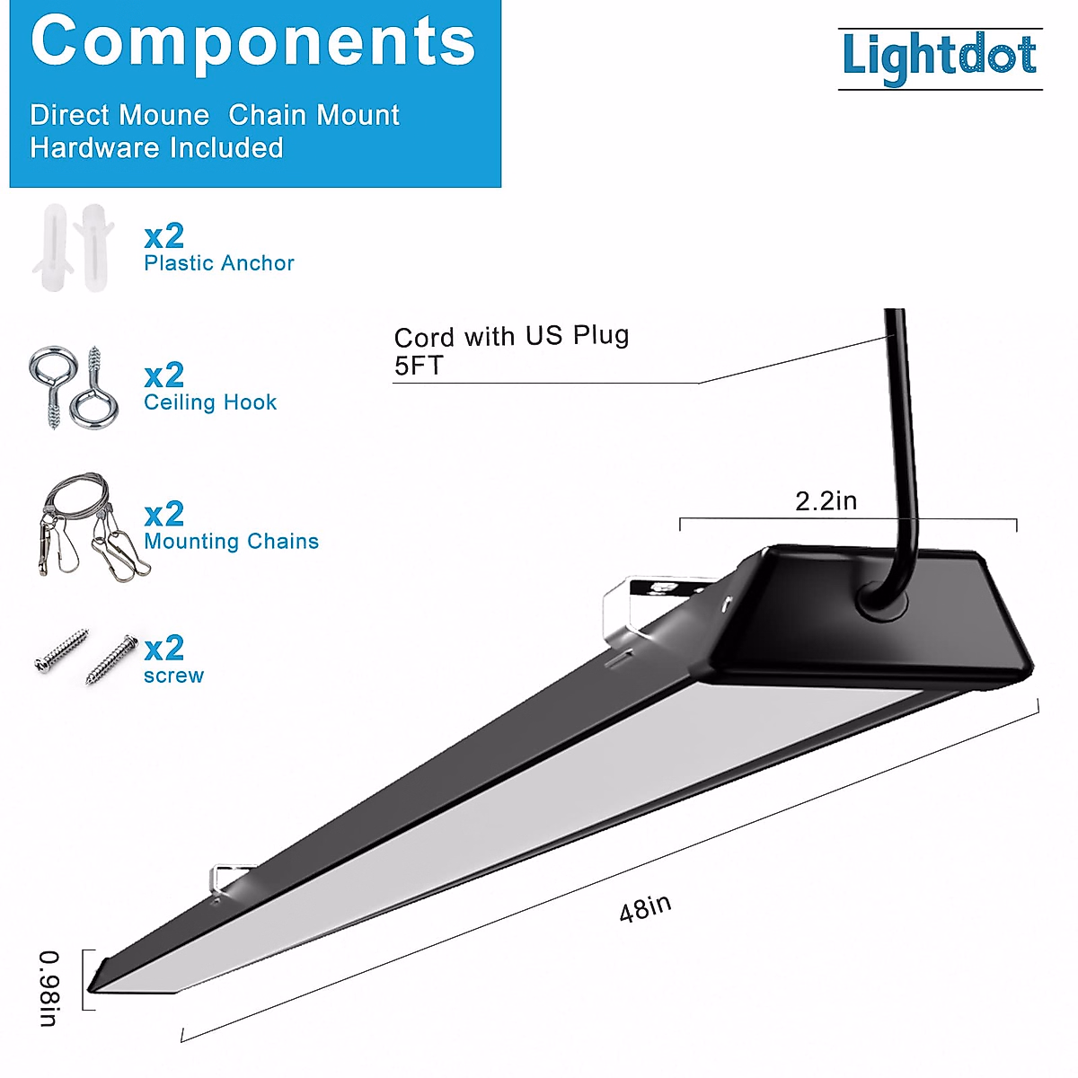 Lightdot LED Shop Lights 4ft, 40W [260W Equiv.] 4400Lm 5000K Plug in, 48 Inch suspent LED Workshop Light,4 Foot Led Utility Shop Light Fixture for Garage Office/Shop,2 Pack