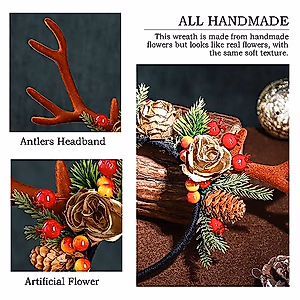 MOSTORY Handmade Christams Antler Headband - Brown Reindeer Hairband Xmas Woodland Headpiece Forest Deer Crown with Berry Pine Cone for Retro Party Renfaire Prom Cosplay Rose