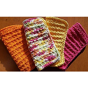 Handmade crochet washcloths, dishcloths * thick and dense* 100% cotton set of 4 (Ovr rainbow, dark pink, coral and yellow colors)