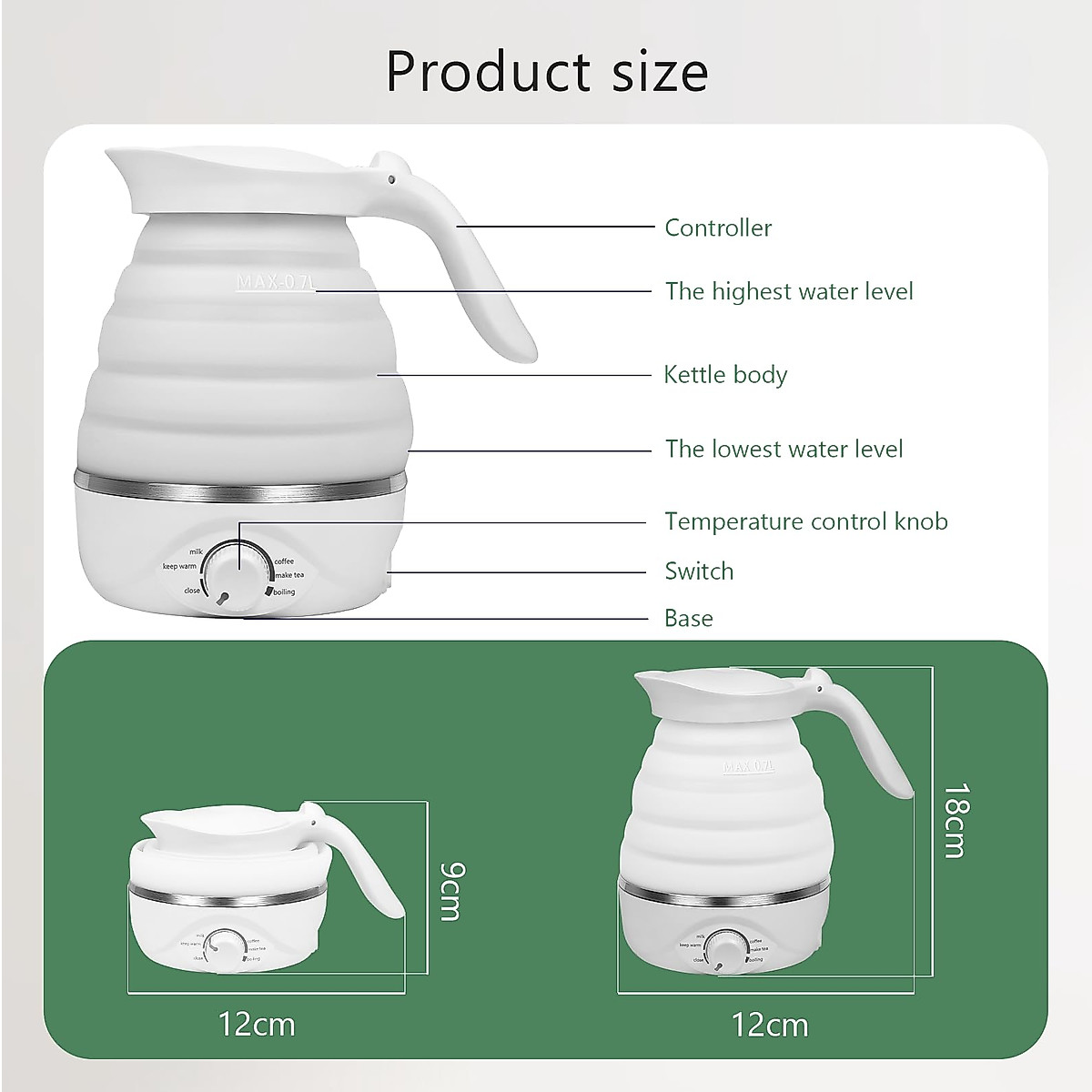 Xfbaozxy Travel Foldable Electric Kettle, Portable Travel Foldable Electric Kettle Food Grade Silicone Kettle Foldable 850W Fast Boiling Water Portable Travel Kettle Electric, 110V 700ml (White)