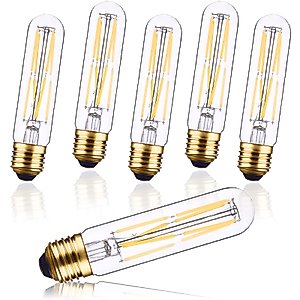 CREATE BRIGHT Candelabra Led Light Bulbs T10 Tubular Edison LED Filament Bulb 8W E26 Daylight White 5000K,Clear Glass,960LM,6 Pack