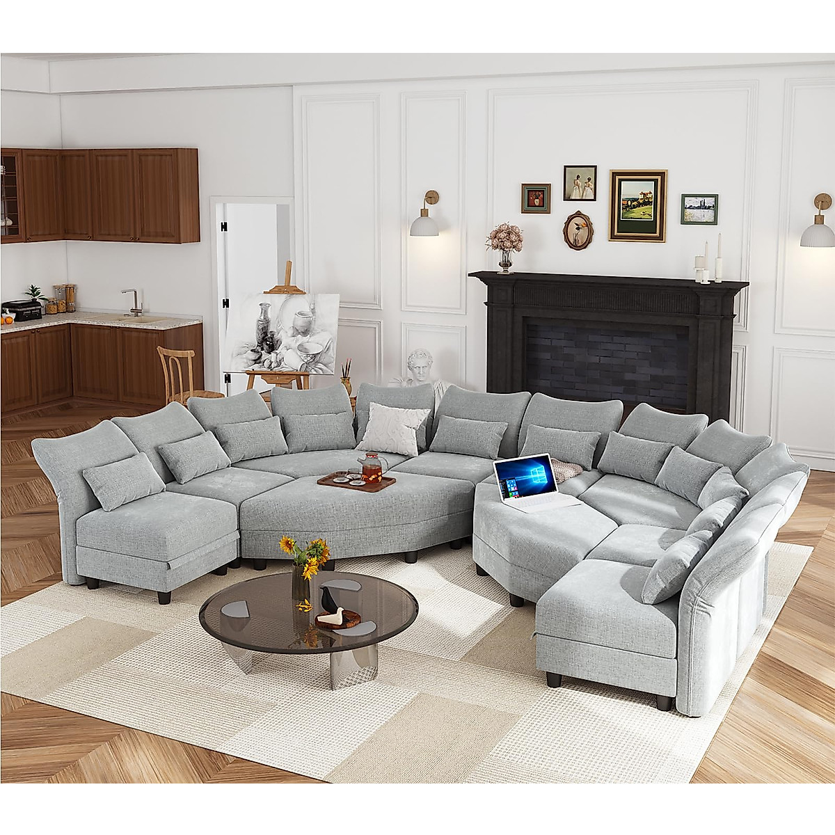 LLappuil U Shaped Oversized Sectional Sofa 167" Wide with 4 Diamond Ottomans, Chenille Modular Couches Sleeper Sofa with Storage and Adjustable Armrest for Living Room, Office, Entertainment, Grey