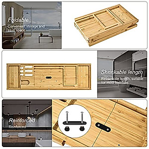 Bathtub Tray, Expendable Bath Caddy Tray for Tub, Bamboo Wooden Book Stand and Wine Holder