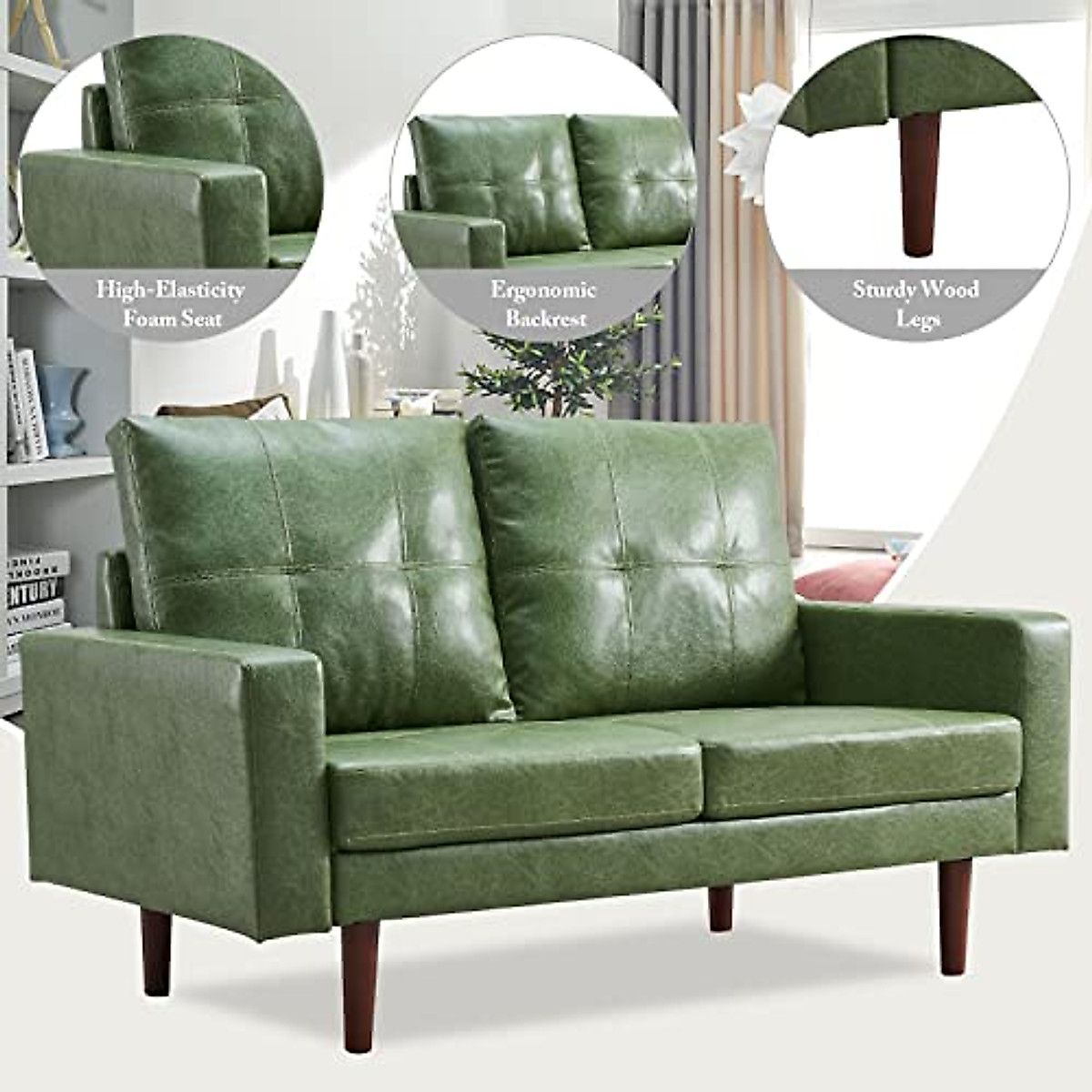 Loveseat Sofa Couch, Pu Leather Modern Couch For Living Room With High-Density Foam Cushion, Accent Love Seat Sofa With Spacious Seat Comfy Futon Couch With Solid Wood Legs For Bedroom, Office (Green)