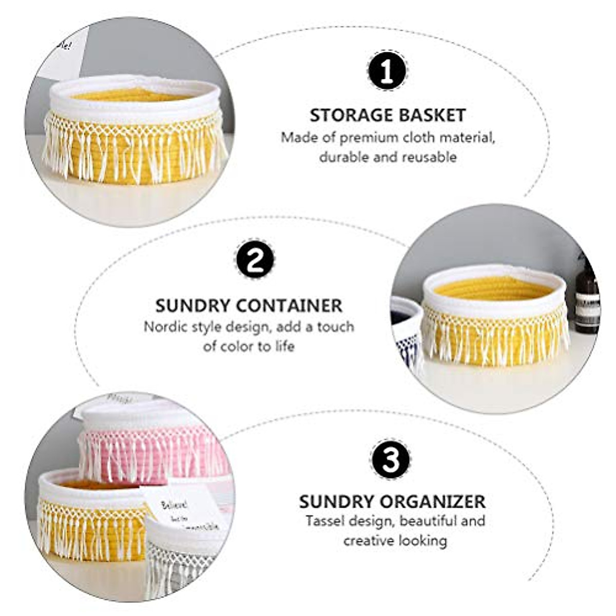 Cabilock Desk Topper Sundries Woven Storage Basket Decorative Tassel Storage Bins Basket Foldable Kid Organizer Makeup Books Storage Basket (Yellow) Macrame Decor