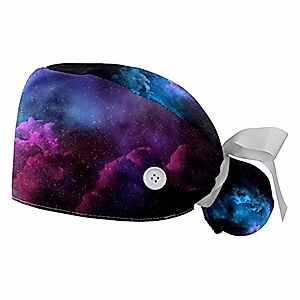 DEYYA 2 Pieces Bouffant Cap with Button Ponytail Pouch, Cotton Working Hat Sweatband, Adjustable Surgical Caps Space Galaxy Universe, Multicoloured 6, Medium-3X-Large