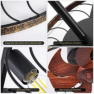 Rustic Hand-Swept Gold Paint Accents Sand Black Fandelier Ceiling Fans with Lights and Remote, Farmhouse Caged Semi-Flush Mount Ceiling Fan with Height Adjustment, Reverse Quite Motor for Indoor