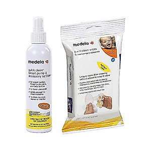 Medela Quick Clean Breast Pump Kit: Quick Clean Spray, Accessory Wipes - Bundle (Breast Pump Cleaning Supplies, medela Quick Clean Wipes)