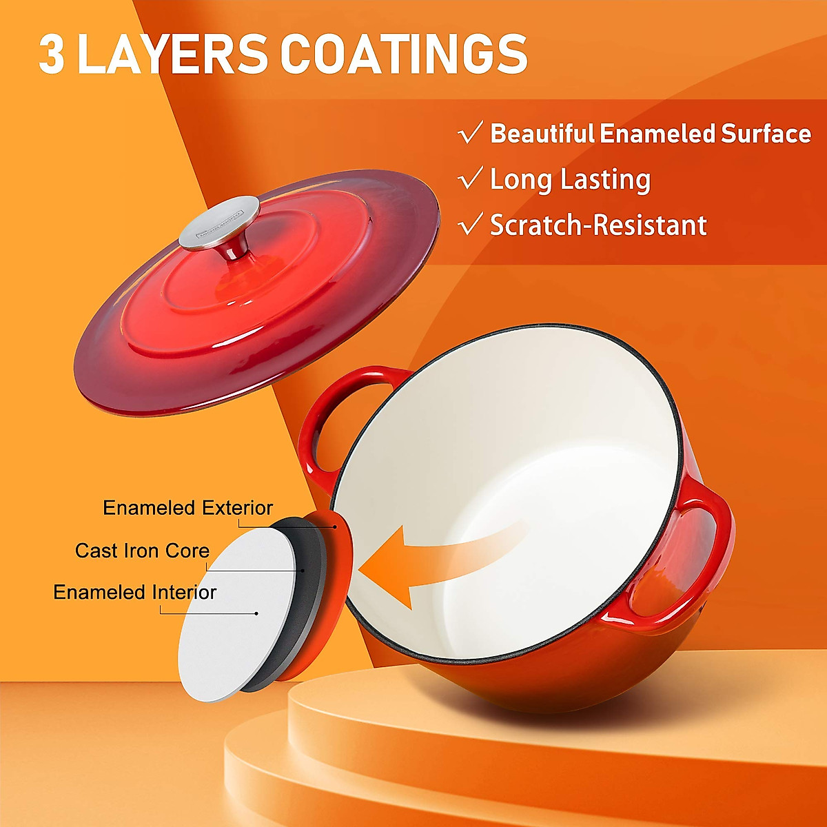 MICHELANGELO Dutch Oven Cast Iron, 5 Quart Dutch Oven Pot With Lid, Cast Iron Dutch Oven, Enameled Dutch Oven With Silicone Handles & Mat, Dutch Oven 5 Qt Red