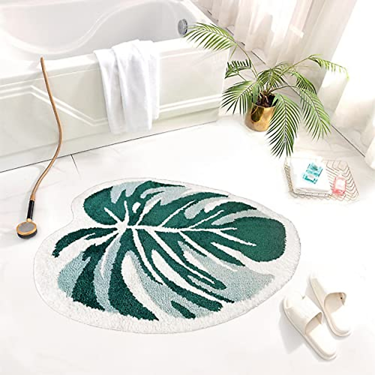 THRILRUG Monstera Leaf Area Tufted Rugs Non Slip Bath Mat Tufted Rug,Ultra Soft Washable Children Play Plant Leaves Shaped Kids Pets Floor Mat Carpet for Bedroom,Living Room Green 2.2'×3'