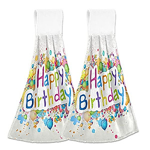 Kigai Happy Birthday Hanging Tie Towels Set of 2, Absorbent Hand Towels Tea Bar Dish Dry Towels for Kitchen Bathroom Home Decor, 14 x 18 Inch