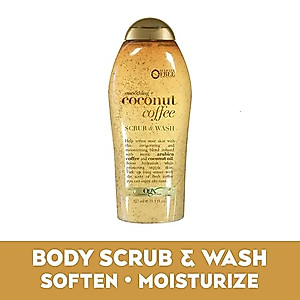 OGX Smoothing + Coconut Coffee Exfoliating Body Scrub with Arabica Coffee & Coconut Oil, Moisturizing Body Wash for Dry Skin, Paraben-Free with Sulfate-Free Surfactants, 19.5 Fl Oz