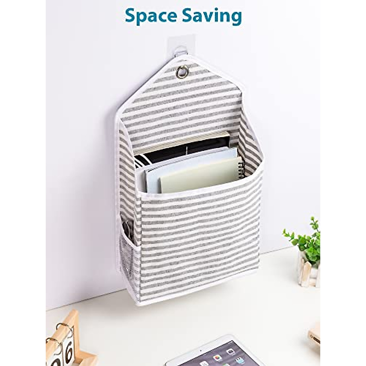 PARAKE Wall Hanging Storage Bag, 2 Pack Waterproof Hanging Organizer Bag for Bedroom, Large Pocket Organizer Basket with Side Pocket, 4 Sticky Hook, Hanging Bag for Bathroom Office, Grey White Stripes