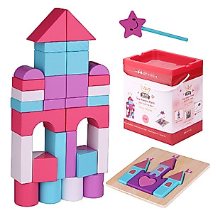 Large Building Wooden Blocks for Babies and Toddlers- 1-3 Years with Princess Castle Wooden Jigsaw Puzzles & Wand- Educational Montessori Fairytale Building Blocks for Toddlers