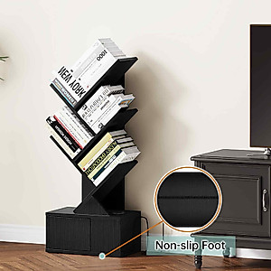 Vagusicc Tree Bookshelf - 5 Shelf Retro Floor Standing Bookcase with Charging Station, Mini Wood Book Storage Rack for CDs/Movies/Books, Utility Organizer Shelves for Living Room, Bedroom, Home Office