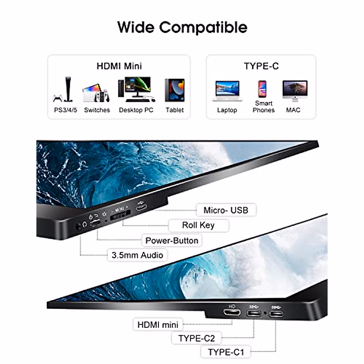 CNXioaMi Portable Monitor 15.6" Gaming Monitor USB-C&HDMI Laptop Monitor 1080P IPS Speaker External Ultra Slim Travel Monitor Second Monitor for Laptop Mac Phone Xbox Game Monitor