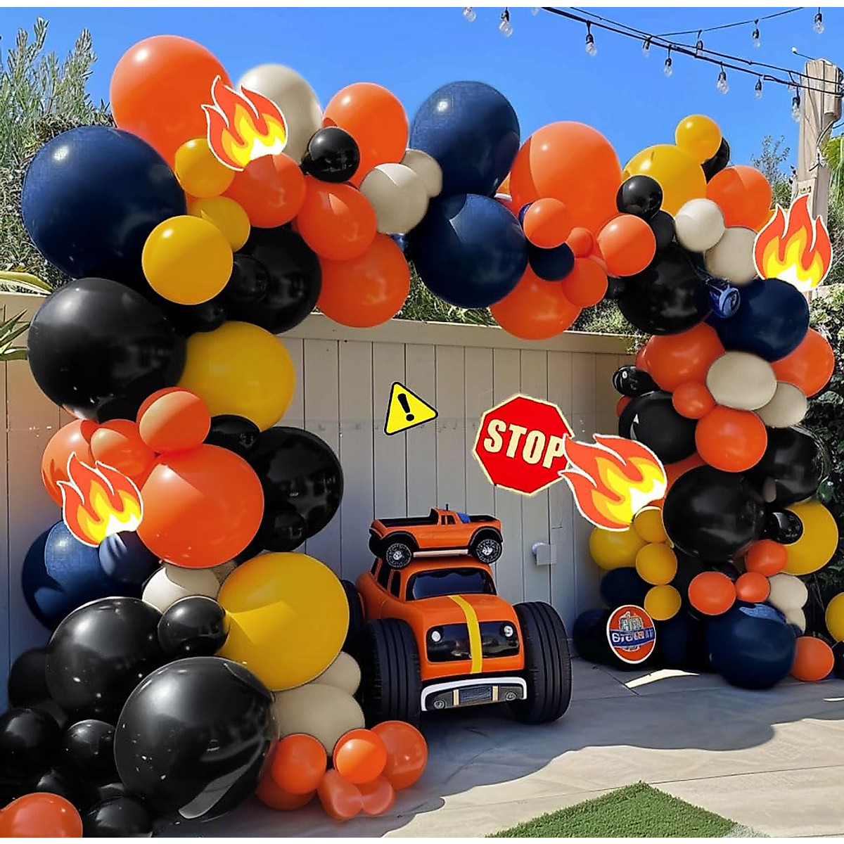 Race Car Balloon Arch - Blue Black Yellow Balloons Double Stuffed Black White Sand Yellow Balloons Navy Blue Orange Beige Balloon Garland Kit for Race Car Fire Truck Birthday Baby Shower Party Decor