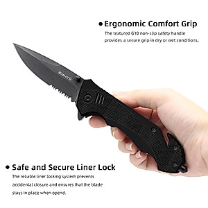EMHTiii Multitool Folding Pocket Knife with Seatbelt Cutter and Window Glass Breaker - 3.54" Sreated Blade, G10 Scales, Survival Knives for Rescue, EDC Gifts for Men, Black