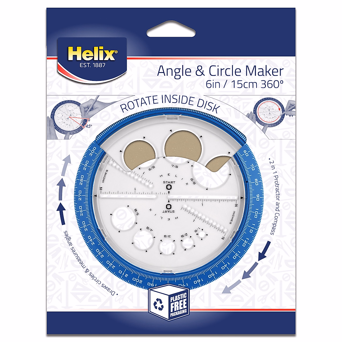 Helix Angle and Circle Maker with Integrated Circle Templates, 360 Degree, 6 Inch / 15cm, Assorted Colors (36002)