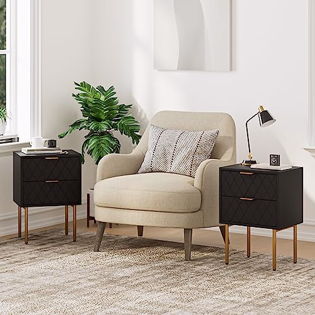 Aobafuir Night Stand, Modern Nightstand with Drawers, End Tables Living Room, Small Gold Side Table for Bedroom, Bedside Furniture (12-Black Diamond, 2 Drawer)