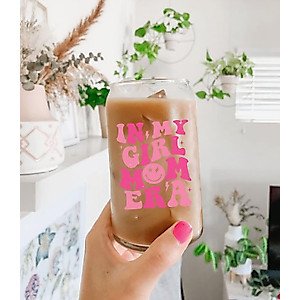 OWSUMER Girl Mom Gifts,New Mom Gifts,Gifts for New Mom,In My Girl Mom Era Glass Cup,Baby Shower Gifts for Mom,New Mom Gifts After Birth,Cool gifts for New Moms-16oz Coffee Glass Cups with Lids Straws