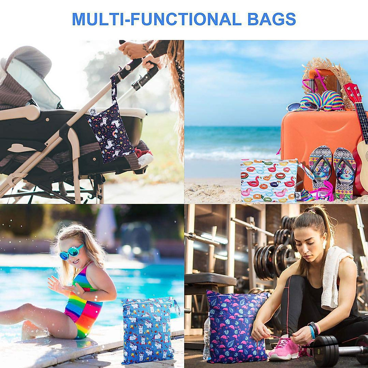 Waterproof and Reusable Wet Bag Diaper Stroller Water Resistant Swimsuit Travel Toiletries Yoga Gym Washable Carrier Small Medium Large Flamingo 4 Pack