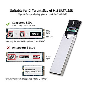 SSK Aluminum USB 3.2 Gen 1 to M.2 SATA NGFF SSD Enclosure Adapter, External SATA Based M.2 Solid State Drive Enclosure Reader (for M.2 SATA SSD only)