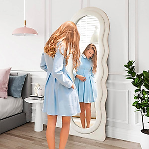 GOODONE Wavy Mirror Full Length 63"x24", Irregular Full Body Mirror, Wave Arched Floor Mirror, Wall Mirror Standing Hanging or Leaning Against Wall for Bedroom, Flannel Wrapped Wooden Frame,Beige