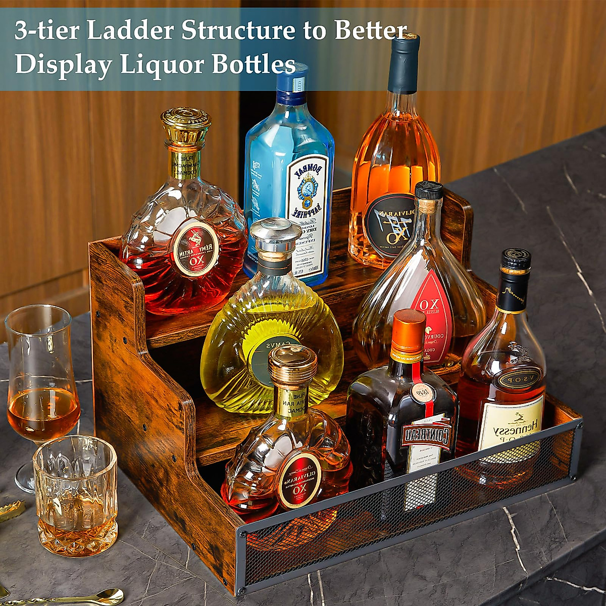 3 Step Countertop Liquor Bottle Display Shelf, Wood Bar Shelves 12 Bottles with Fences, Freestanding Storage Shelves for Liquor Whiskey Wine Coffee Syrup Display, Retro Wine Rack Home (Patent Pending)