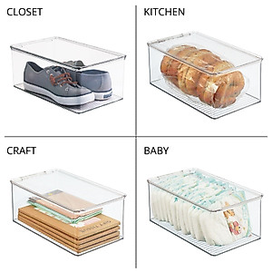 mDesign Stackable Plastic Closet Storage Container Bin Box with Hinge Lid for Organizing Shoes, Booties, Pumps, Sandals, Wedges, Flats, Heels - Lumiere Collection - 4 Pack - Clear