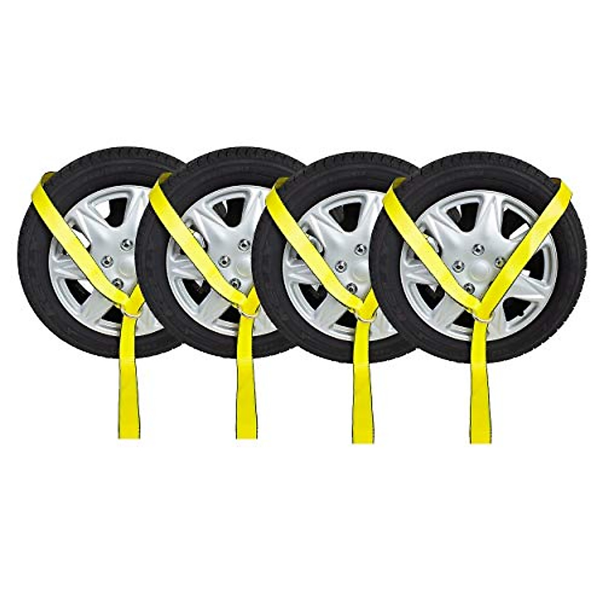 Mytee Products (4 Pack 2" x12' Winch Lasso Strap with O Ring, Yellow - Car Tie Down Tire Straps for Trailers Auto Tow Car Hauler Wheel Net