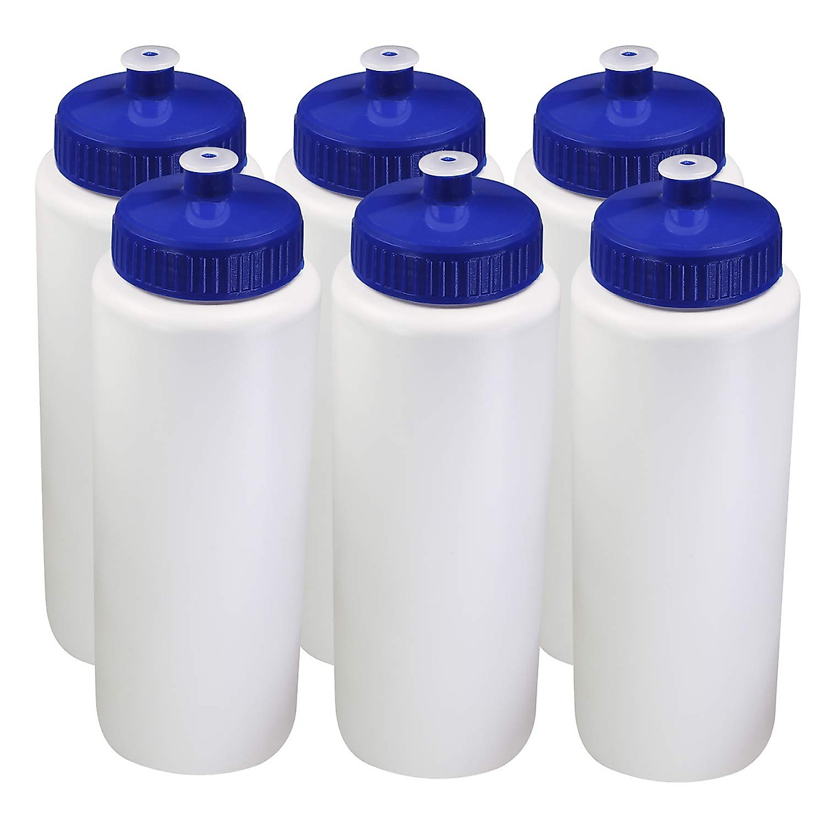 Pinnacle Mercantile Sports Squeeze Plastic Water Bottles Push/Pull Cap Wide Mouth 32 Ounce Set 6 Blue Cap